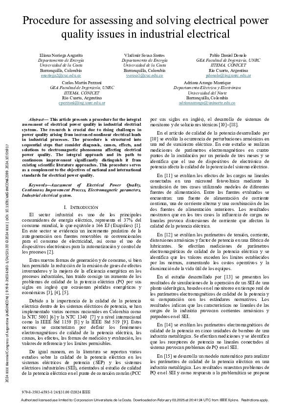 (PDF) Procedure for assessing and solving electrical power quality issues in industrial electrical
