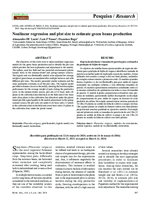 (PDF) Nonlinear regression and plot size to estimate green beans production