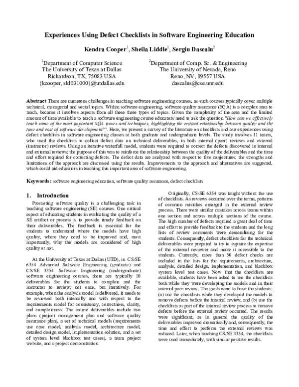 (PDF) Experiences Using Defect Checklists in Software Engineering Education