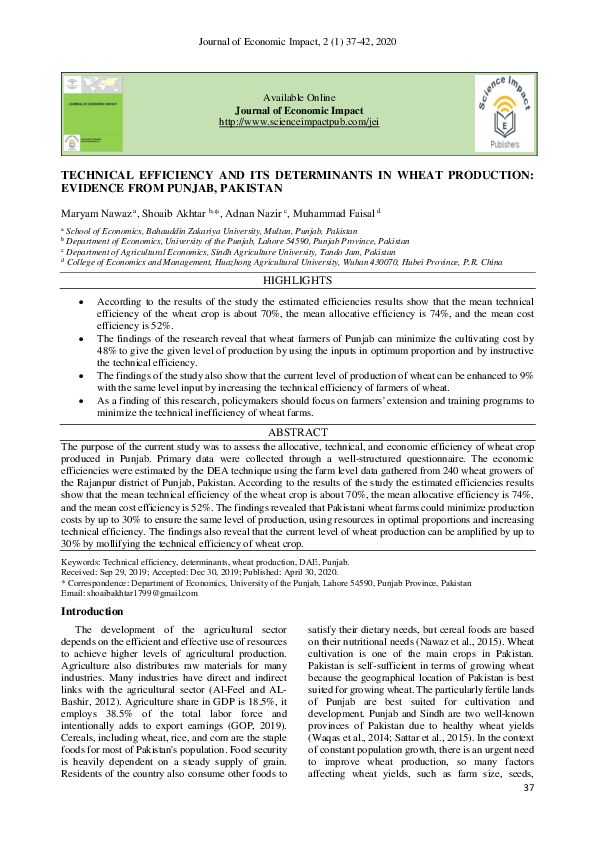 (PDF) Technical Efficiency and Its Determinants in Wheat Production ...