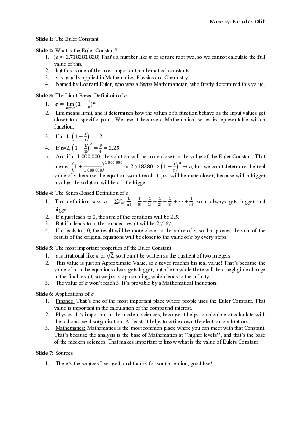 (PDF) Note for the "Euler Constant" presentation