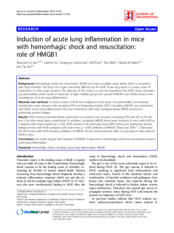 (PDF) Induction of acute lung inflammation in mice with hemorrhagic ...