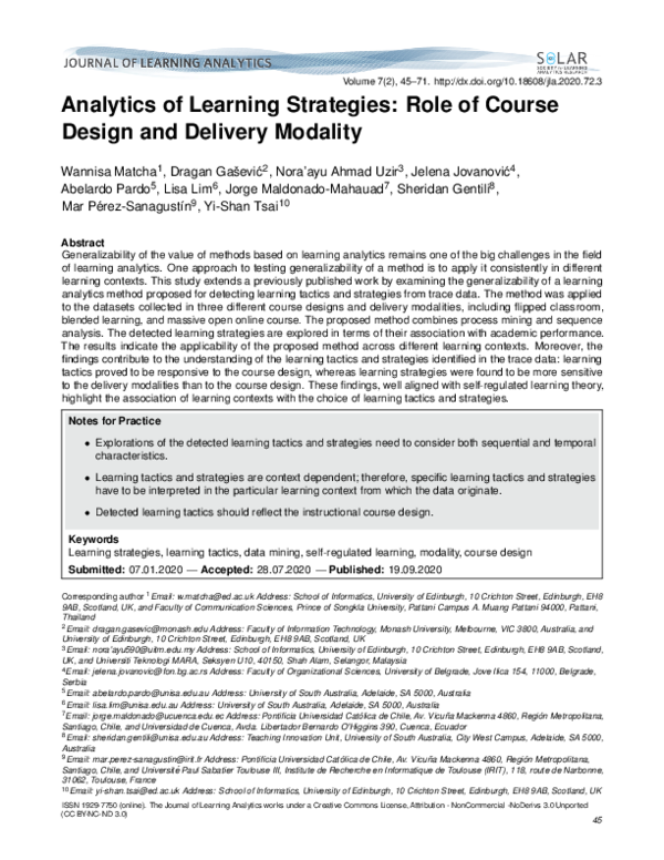 (PDF) Analytics of Learning Strategies: Role of Course Design and Delivery Modality
