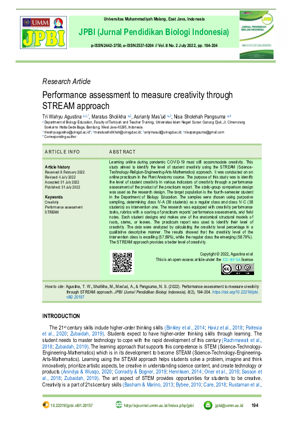 (PDF) Performance assessment to measure creativity through STREAM approach