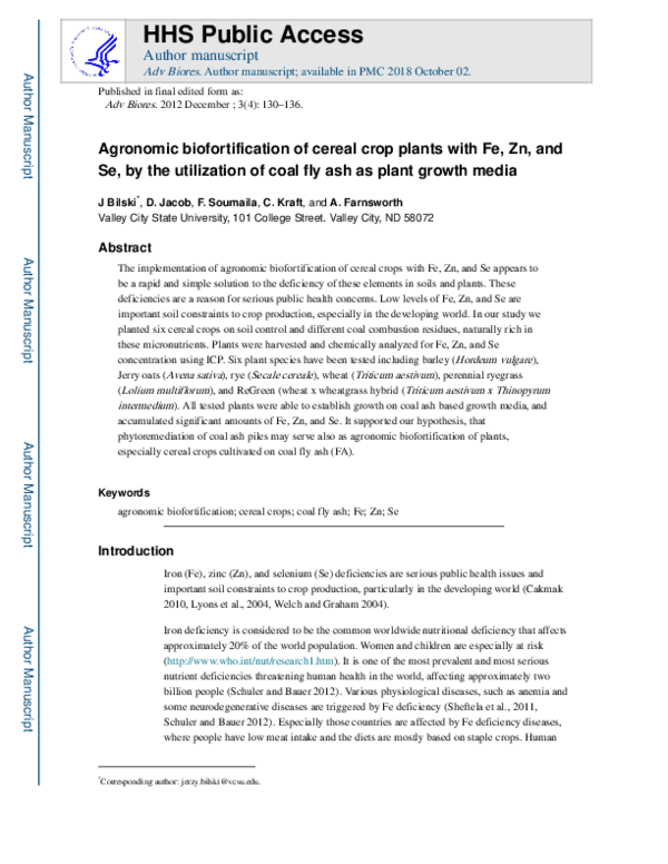 (PDF) Agronomic biofortification of cereal crop plants with Fe, Zn, and ...