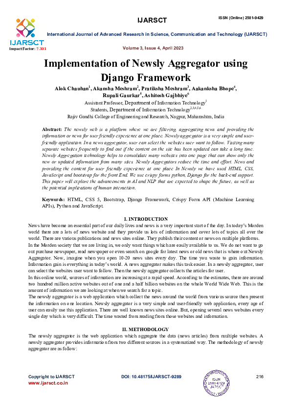 Pdf Implementation Of Newsly Aggregator Using Django Framework