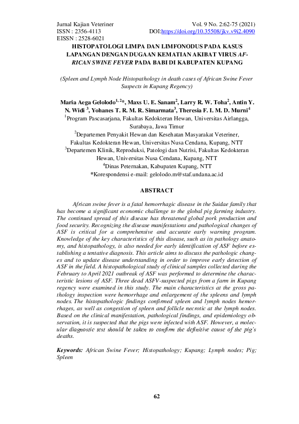 (PDF) Histopatologi Limpa dan Limfonodus pada Kasus Lapangan dengan ...