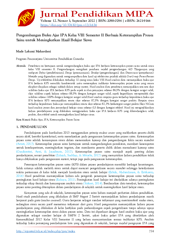 (PDF) Pengembangan Buku Ajar IPA Kelas VIII Semester II Berbasis Keterampilan Proses Sains untuk ...
