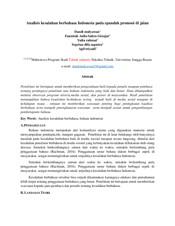 (PDF) Analisis kesalahan berbahasa Indonesia pada spanduk promosi di jalan