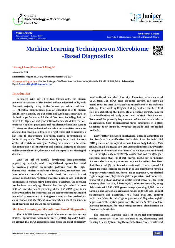 (PDF) Machine Learning Techniques on Microbiome -Based Diagnostics