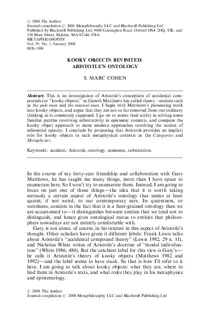(PDF) Kooky Objects Revisited: Aristotle's Ontology
