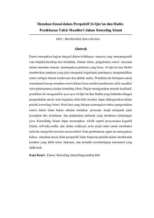 (PDF) Menahan Emosi dalam Perspektif Al-Qur'an dan Hadis