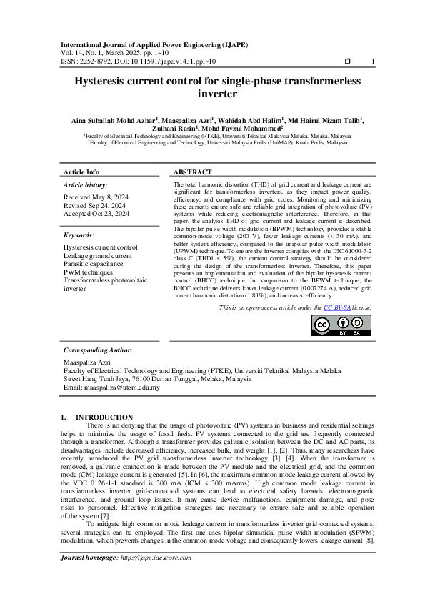 (PDF) Hysteresis current control for single-phase transformerless inverter