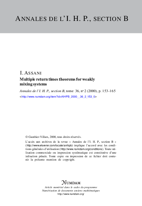 (PDF) Multiple return times theorems for weakly mixing systems