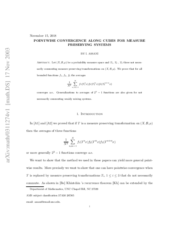 (PDF) Pointwise convergence along cubes for measure preserving systems