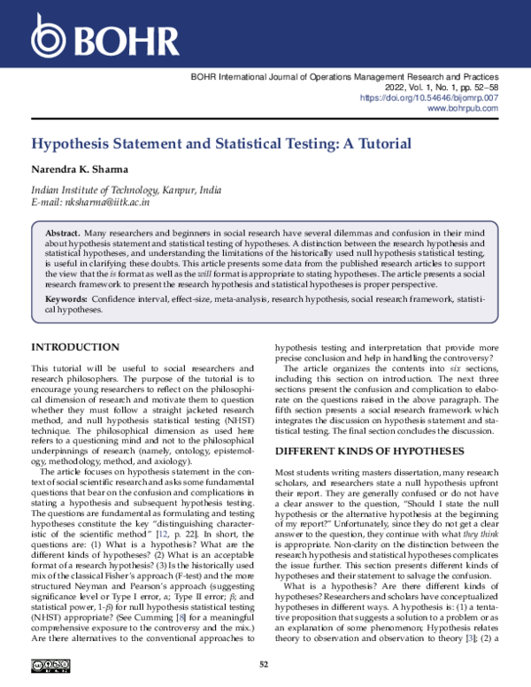 (PDF) Hypothesis Statement and Statistical Testing: A Tutorial