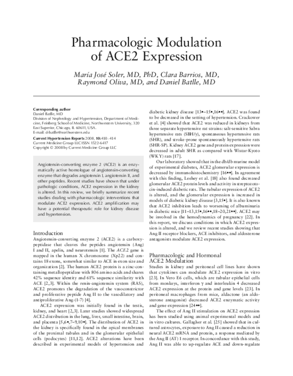 (PDF) Pharmacologic modulation of ACE2 expression