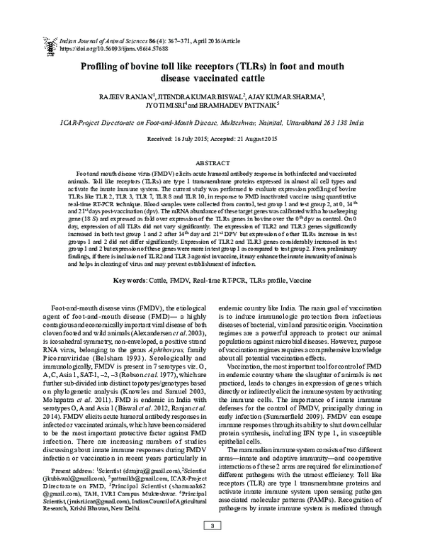 (PDF) Profiling of bovine toll like receptors (TLRs) in foot and mouth disease vaccinated cattle