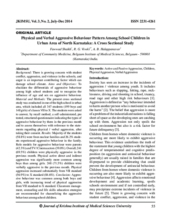 (PDF) Physical and Verbal Aggressive Behaviour Pattern Among School ...