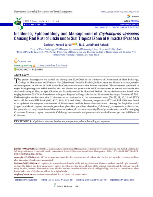 (PDF) Incidence, Epidemiology and Management of Cephaleuros virescens ...