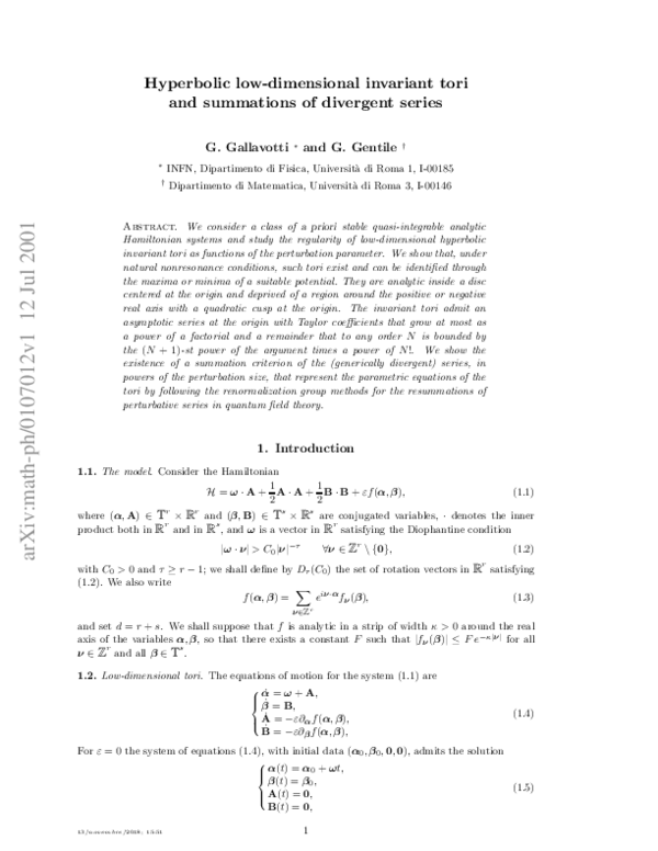 Hyperbolic Low-Dimensional Invariant Tori¶and Summations of Divergent Series