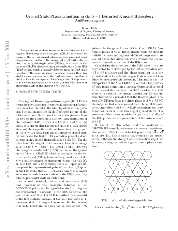 (PDF) Ground State Phase Transition in S =1 Distorted Kagomé Heisenberg Antiferromagnets