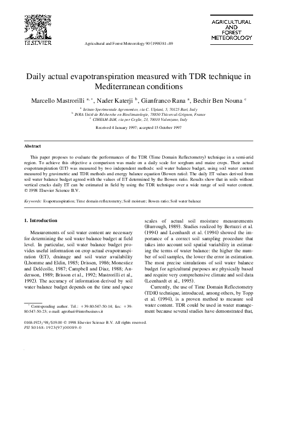 (PDF) Daily actual evapotranspiration measured with TDR technique in ...