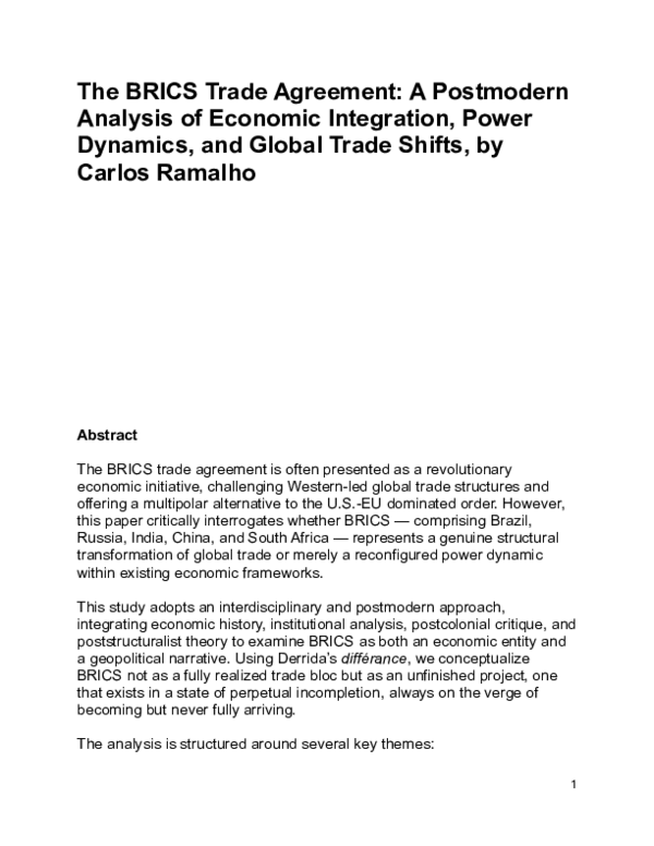 (PDF) The BRICS Trade Agreement: A Postmodern Analysis of Economic ...