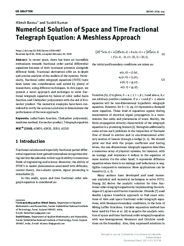 (PDF) Numerical Solution of Space and Time Fractional Advection–Diffusion Equation by Meshless ...