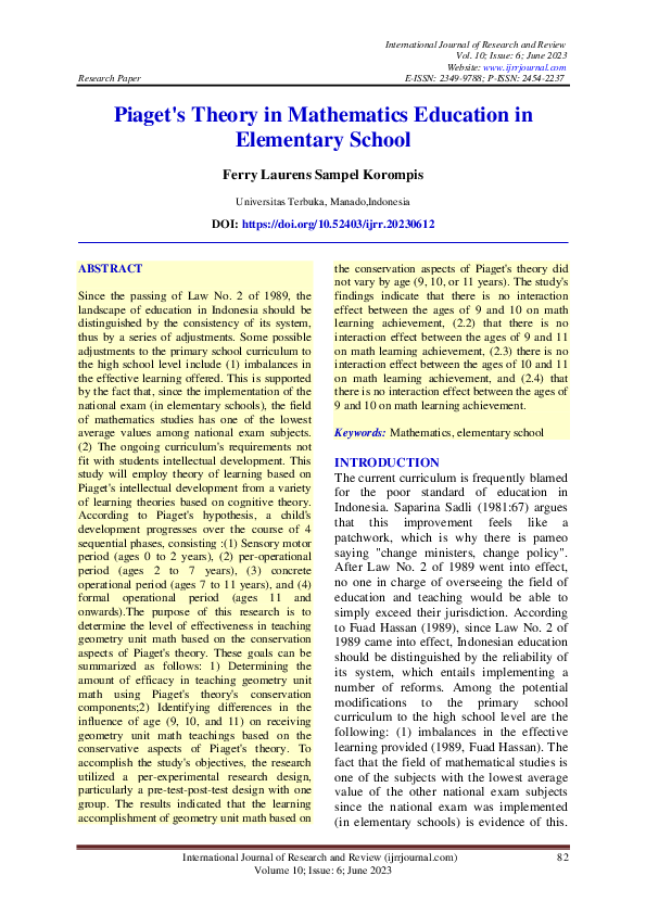 (PDF) Piaget's Theory in Mathematics Education in Elementary School
