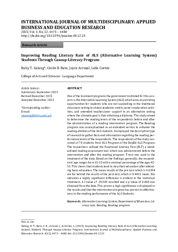 (PDF) Improving Reading Literacy Rate of ALS (Alternative Learning System) Students Through ...