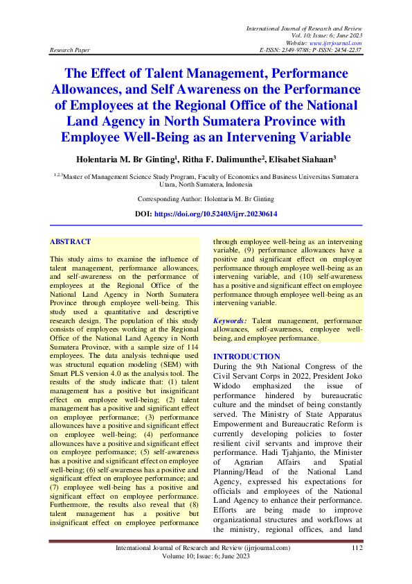 (PDF) The Effect of Talent Management, Performance Allowances, and Self ...