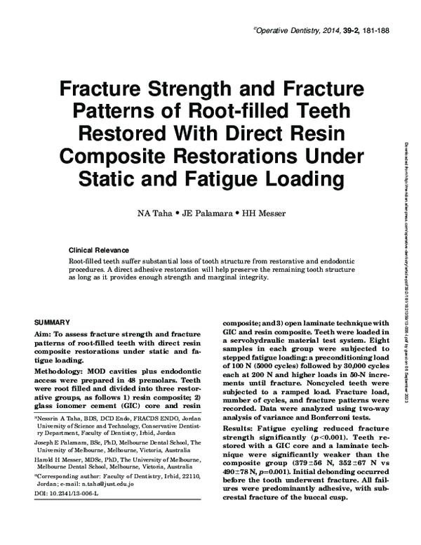 (PDF) Fracture Strength and Fracture Patterns of Root-filled Teeth ...