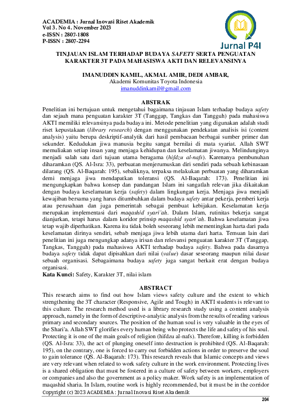 (PDF) Tinjauan Islam Terhadap Budaya Safety Serta Penguatan Karakter 3T Pada Mahasiswa Akti Dan ...