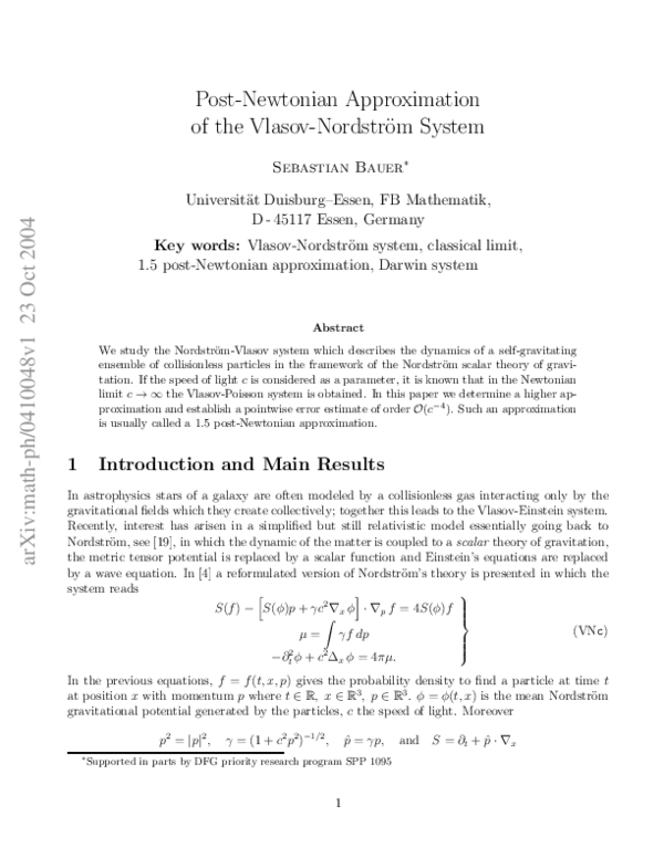 (PDF) Post-Newtonian Approximation of the Vlasov–Nordström System