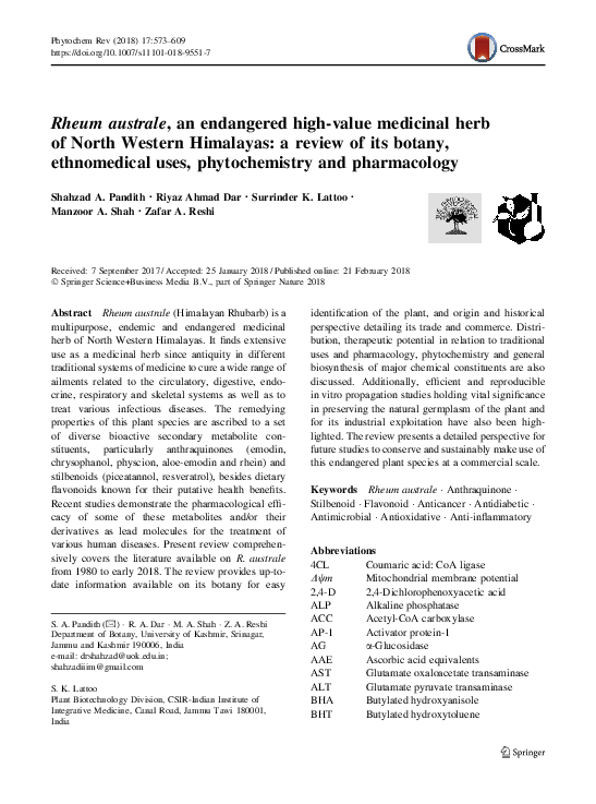 (PDF) Rheum australe, an endangered high-value medicinal herb of North ...