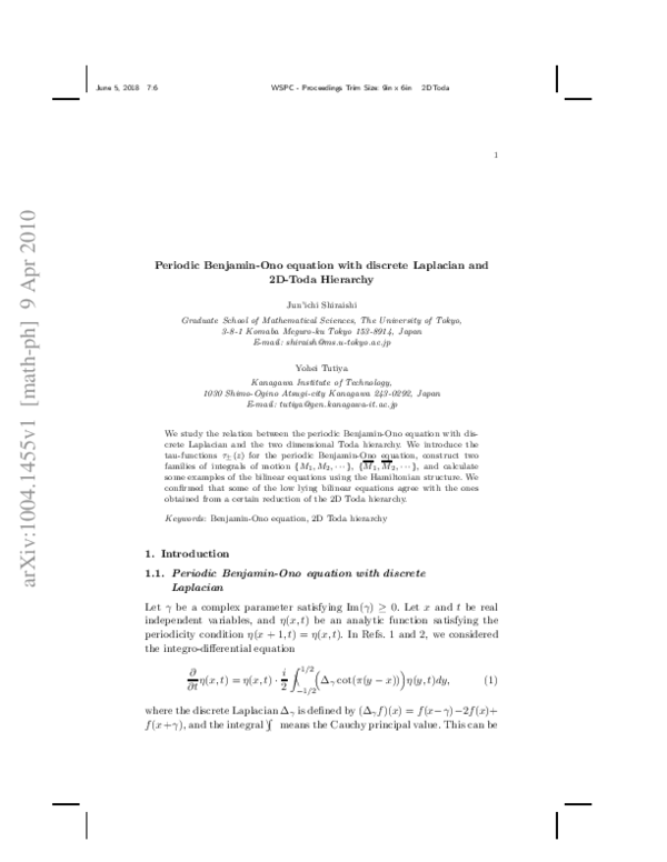 (PDF) Periodic Benjamin-Ono Equation with Discrete Laplacian and 2D-TODA Hierarchy