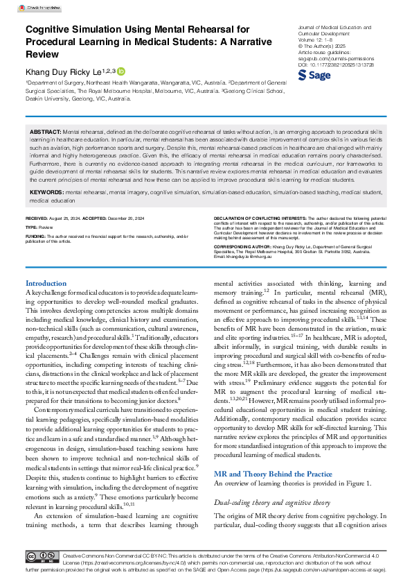 (PDF) Cognitive Simulation Using Mental Rehearsal for Procedural Learning in Medical Students: A ...