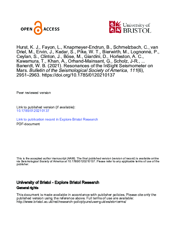 (PDF) Resonances of the InSight Seismometer on Mars