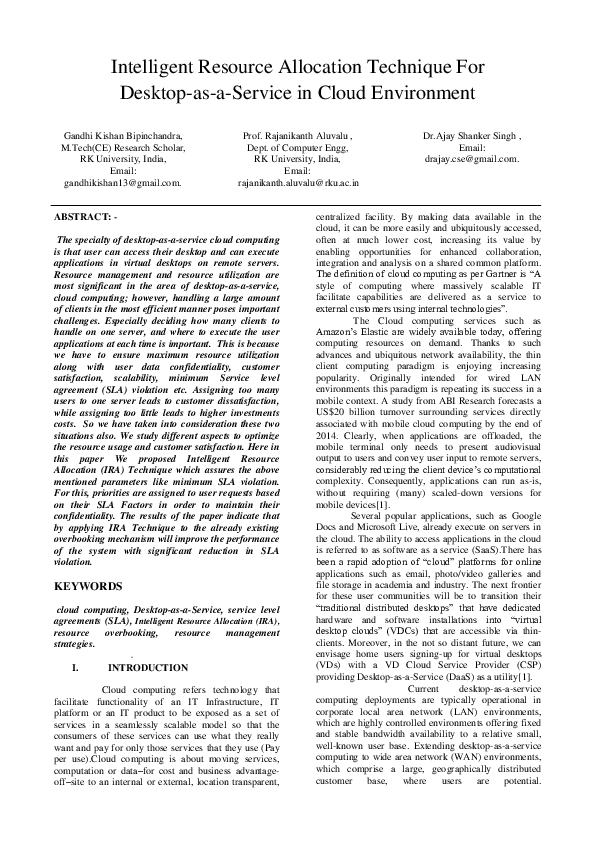 (PDF) Intelligent Resource Allocation Technique For Desktop-as-a-Service in Cloud Environment