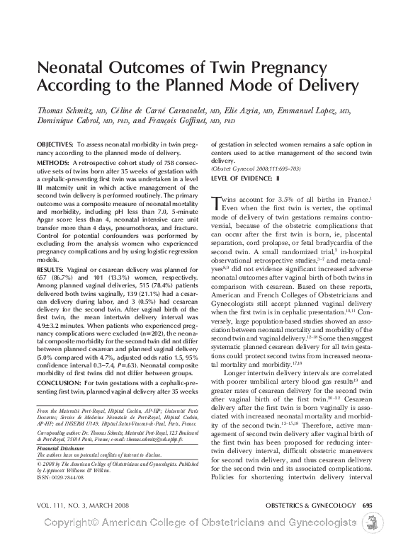 (PDF) Neonatal Outcomes of Twin Pregnancy According to the Planned Mode ...