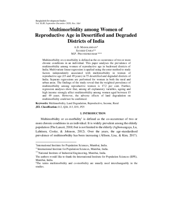 (PDF) Multimorbidity among Women of Reproductive Age in Desertified and Degraded Districts of India