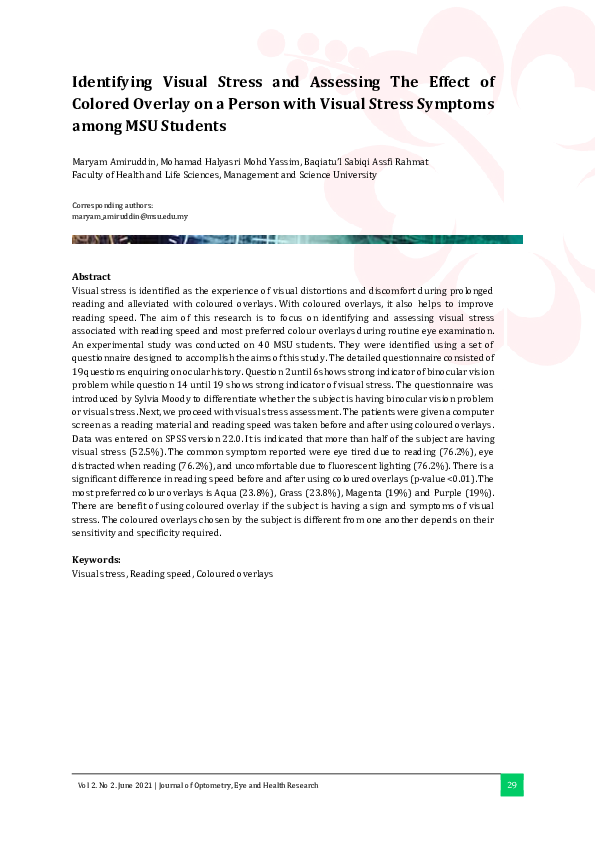 (PDF) Identifying Visual Stress and Assessing The Effect of Colored ...