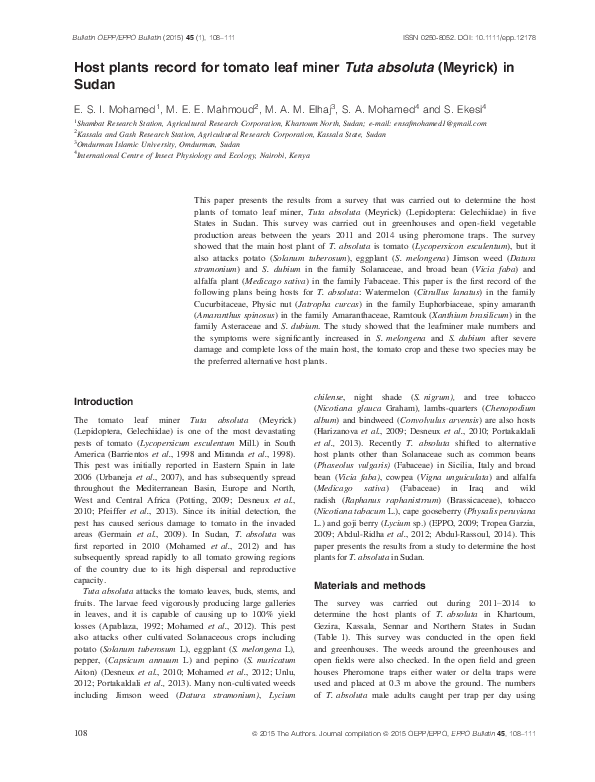 (PDF) Host plants record for tomato leaf miner Tuta absoluta (Meyrick) in Sudan