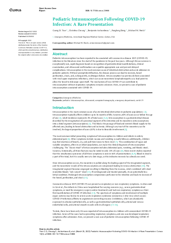 (PDF) Pediatric Intussusception Following COVID-19 Infection: A Rare ...