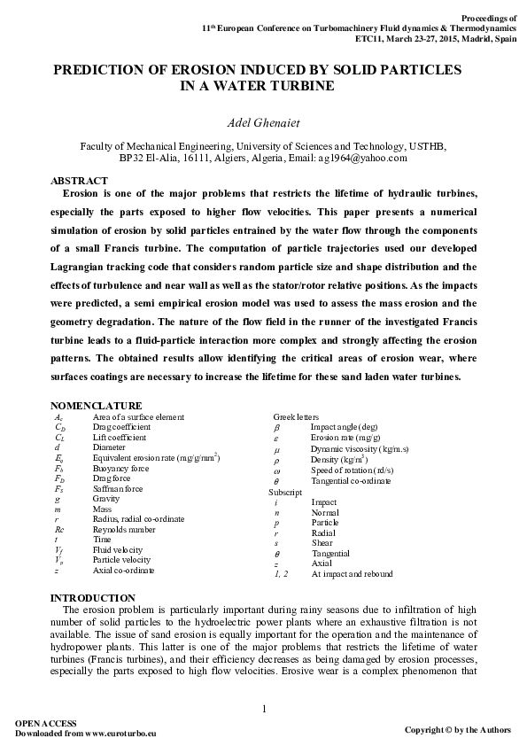 (PDF) Prediction of Erosion Induced by Solid Particles in a Water Turbine