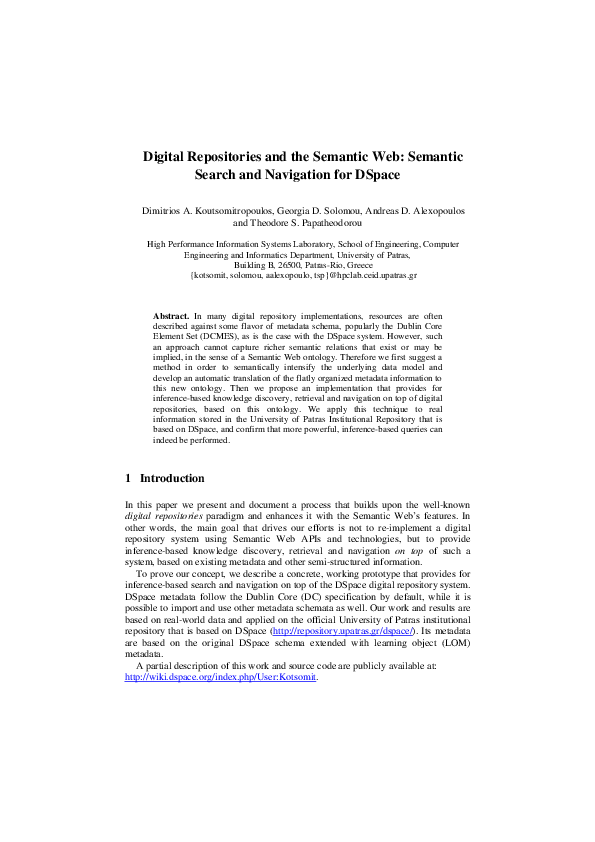 (PDF) Digital repositories and the Semantic Web: semantic search and navigation for DSpace