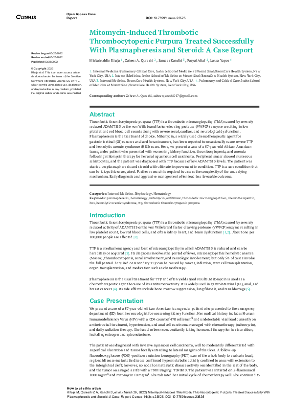 (PDF) Mitomycin-Induced Thrombotic Thrombocytopenic Purpura Treated ...