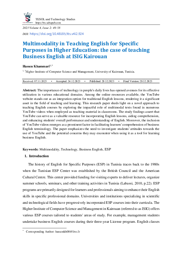 Pdf Multimodality In Teaching English For Specific Purposes In Higher Education