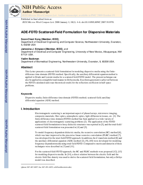 (PDF) ADE-FDTD Scattered-Field Formulation for Dispersive Materials